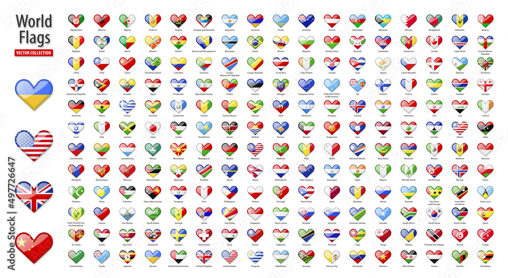 Flags of the world - vector set of heart shaped glossy icons. Stock ...