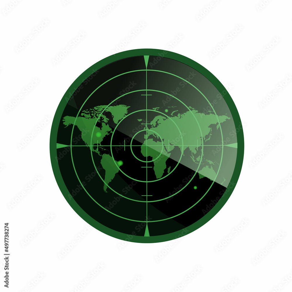 Green radar screen with world map. Radar isolated on white background ...