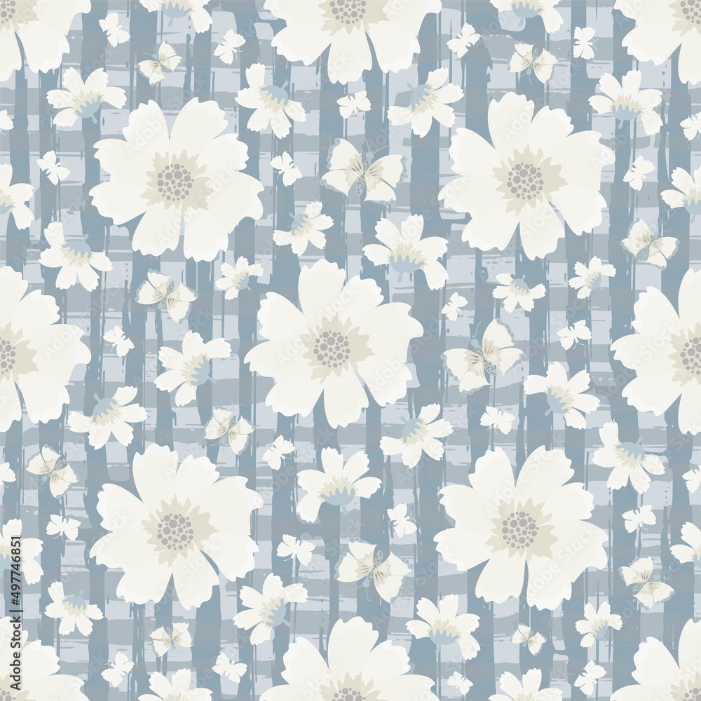 Seamless cottage garden flower and butterfly vector pattern in pastel ...