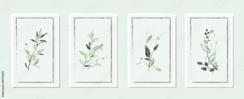 Abstract Plant Art paintings for indoor wall design. A set of botanical ...