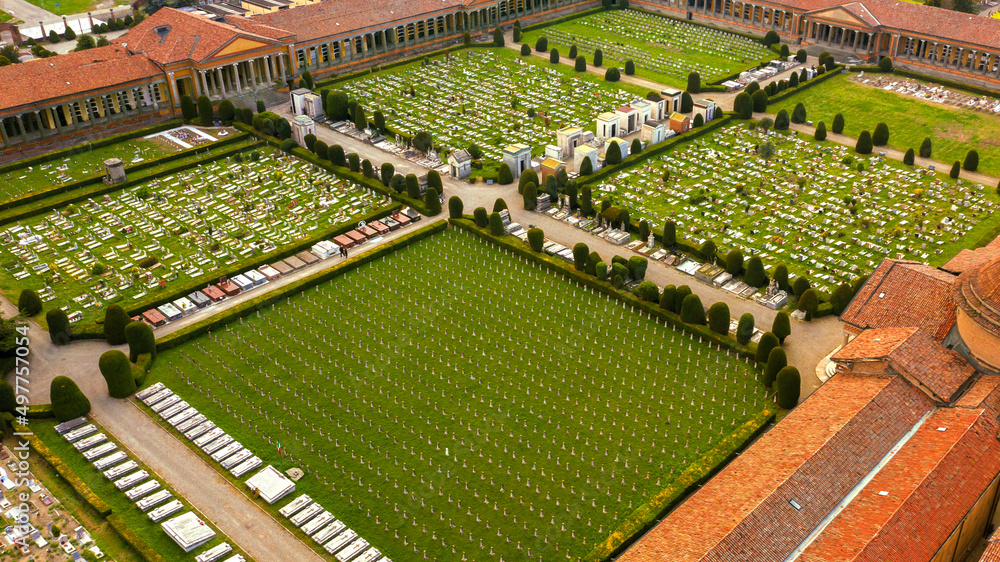 Aerial view of the cemetery of San Cataldo, in Modena, Italy. The ...