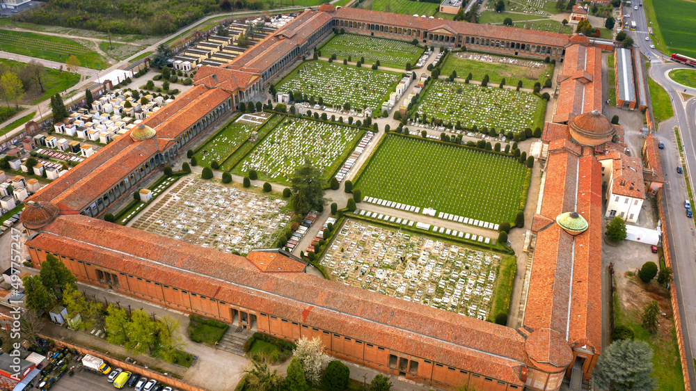 Aerial view of the cemetery of San Cataldo, in Modena, Italy. The ...