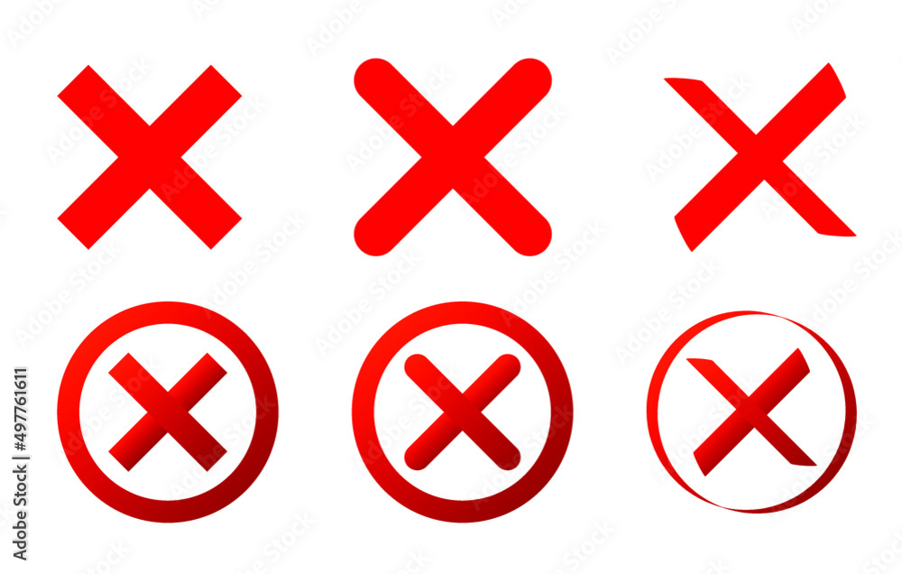 Set of red cross symbols icon elements. Button No or X in the shape of ...