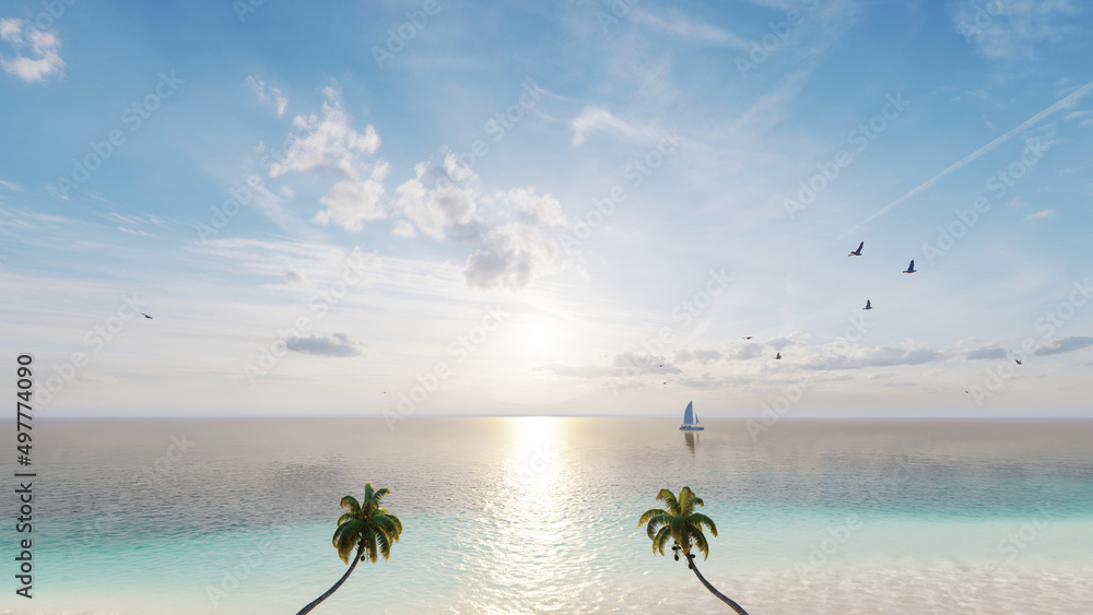 8K ULTRA HD. Beautiful Beach Sea. Scene of Landscape view of Palm at ...