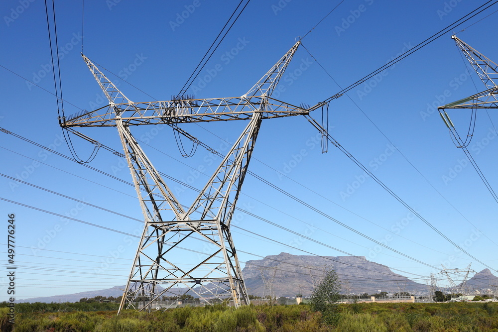 Electric pylons carrying high tension electric cables, near Cape Town ...