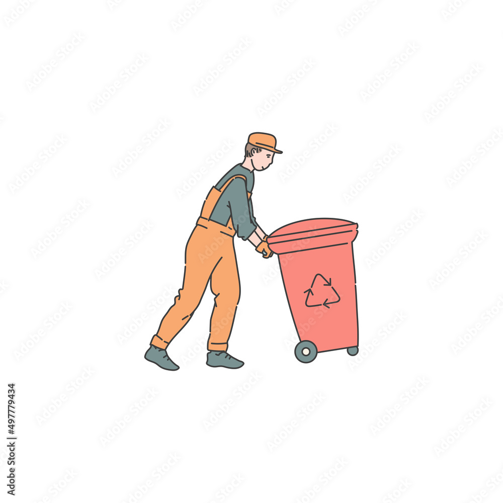 dustman worker with container for recycling waste. Cleaning environment ...