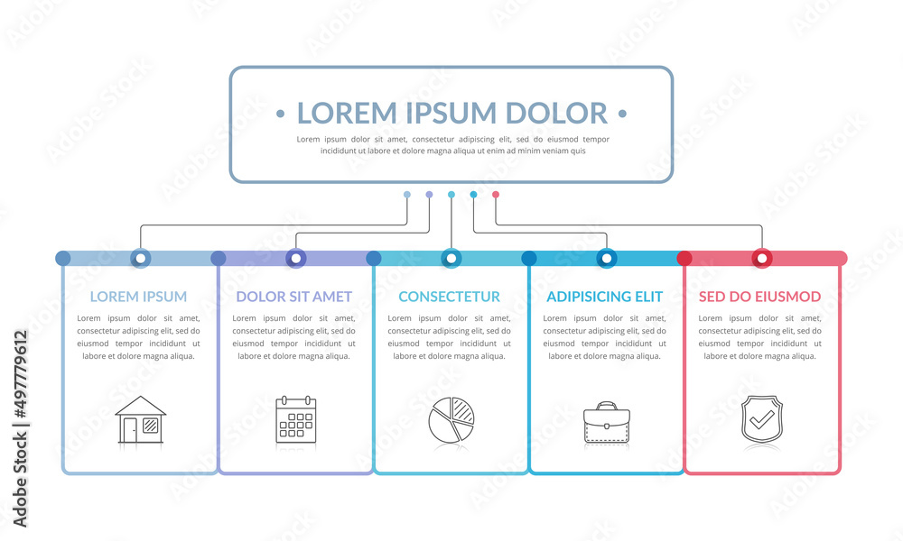 Flowchart with main title and 5 elements, workflow, process chart ...