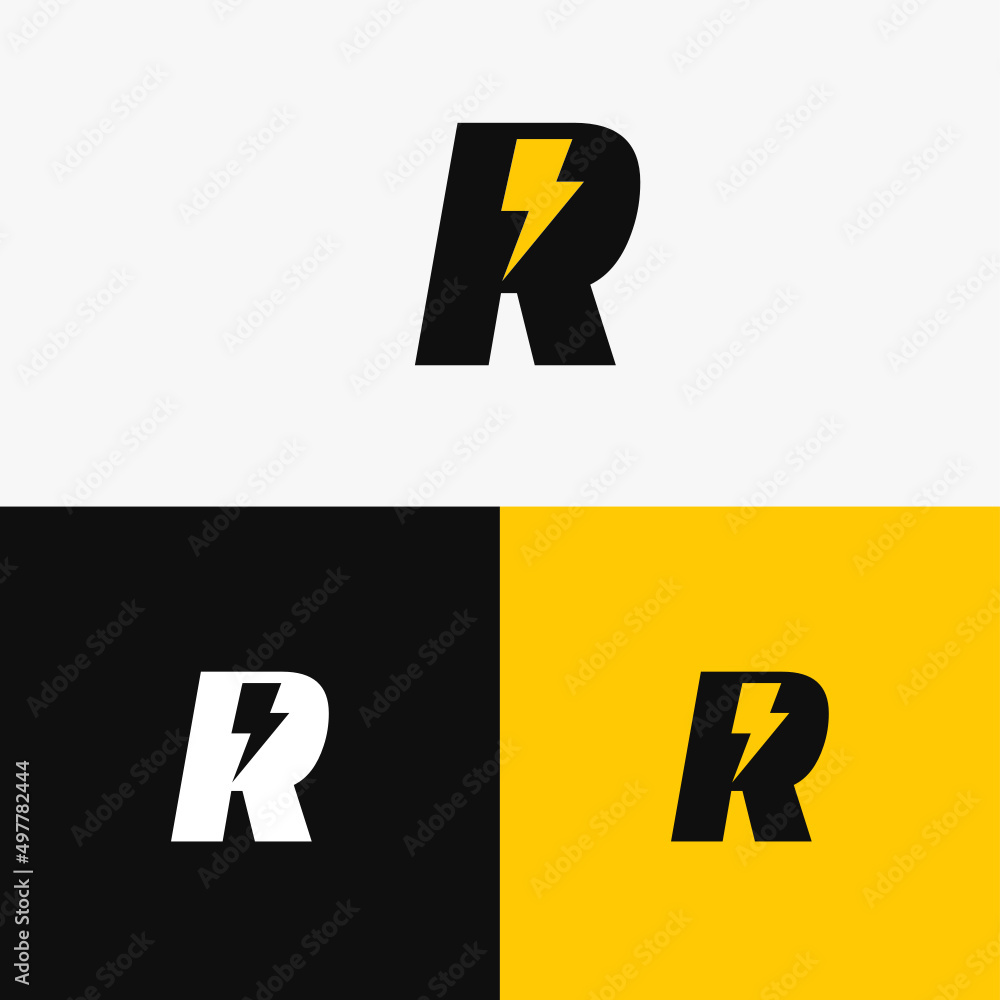 Set of abstract R letter and lightning, thunderbolt, energy logo ...