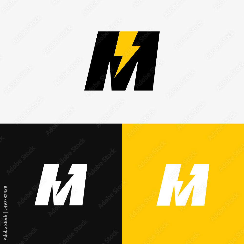 Set of abstract M letter and lightning, thunderbolt, energy logo ...