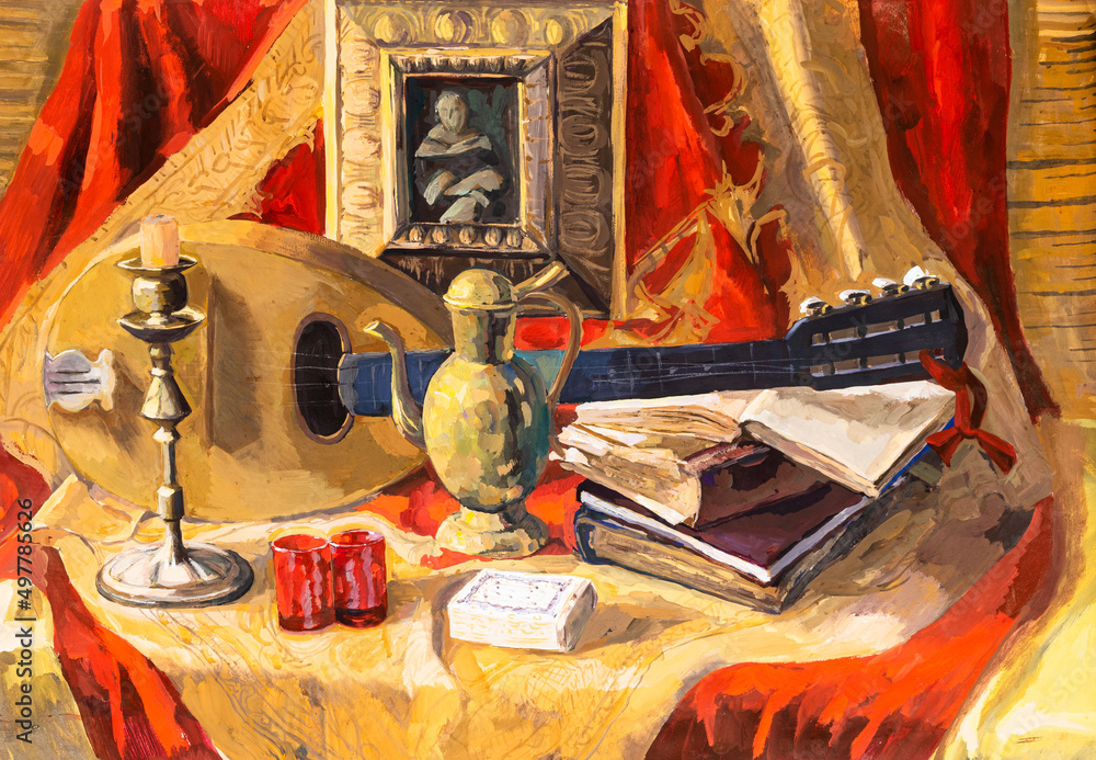 still life with mandolin, old books, painting, candlestick and jug on ...