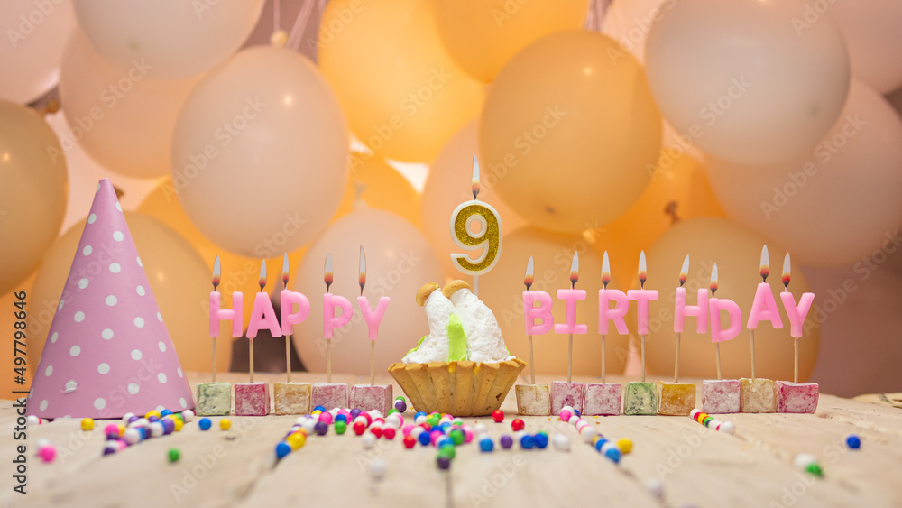Beautiful background happy birthday number 9 with burning candles ...
