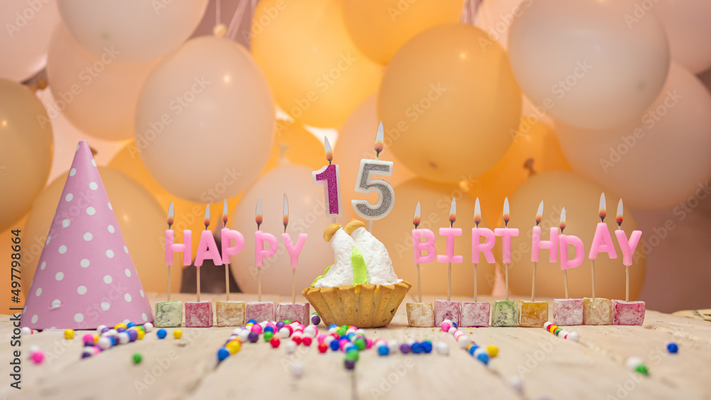 Beautiful background happy birthday number 15 with burning candles ...