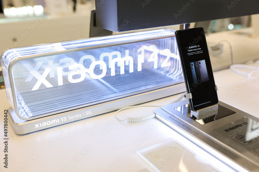 Xiaomi 12 Series 5G mobile smartphone displayed on retail display in ...