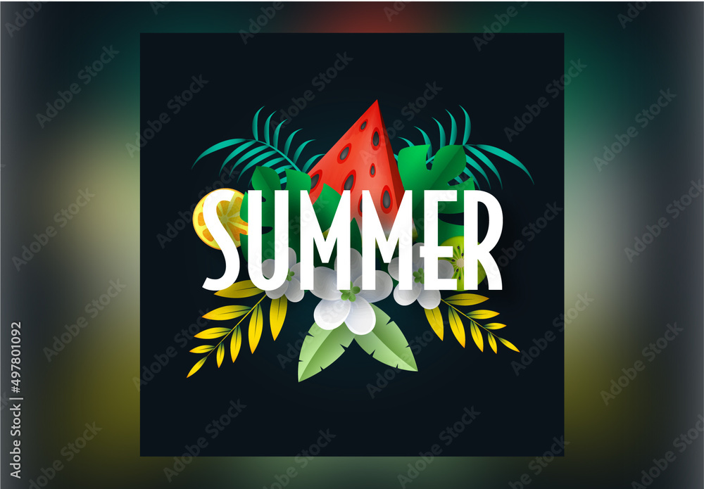 Paper Cut Summer Text with Tropical Leaves Flowers and Realistic Fruit ...