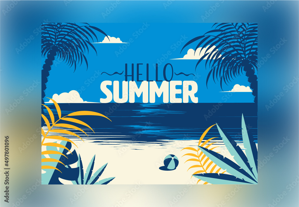 Hello Summer Background with Beautiful Beach View Stock Template ...