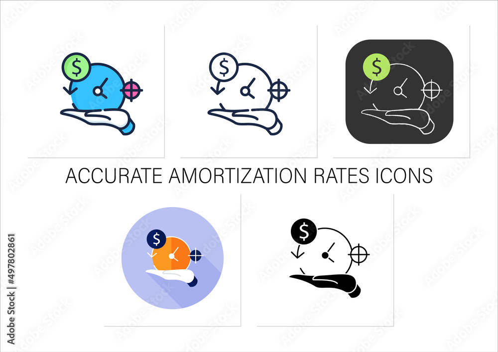 Asset management icons set. Accurate amortization rates. Expensing cost ...