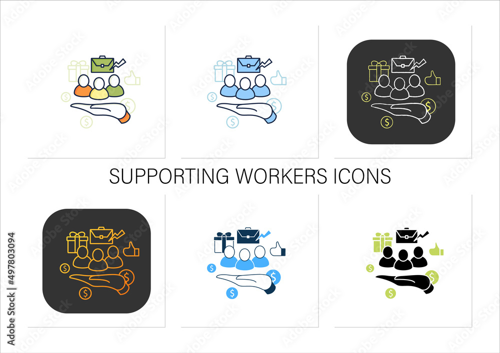 Supporting workers icons set. Supporting unpaid care workers. Caring ...