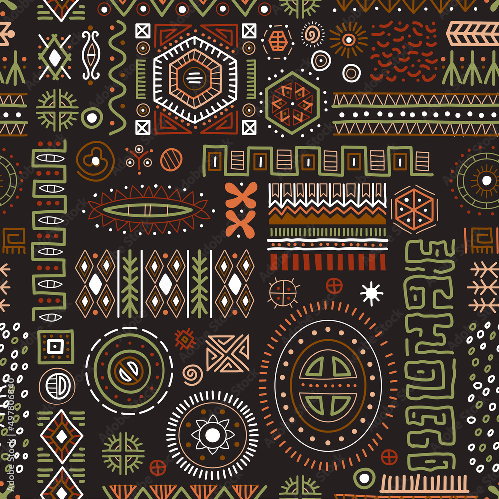 Abstract African art shapes seamless background, tribal geometric ...