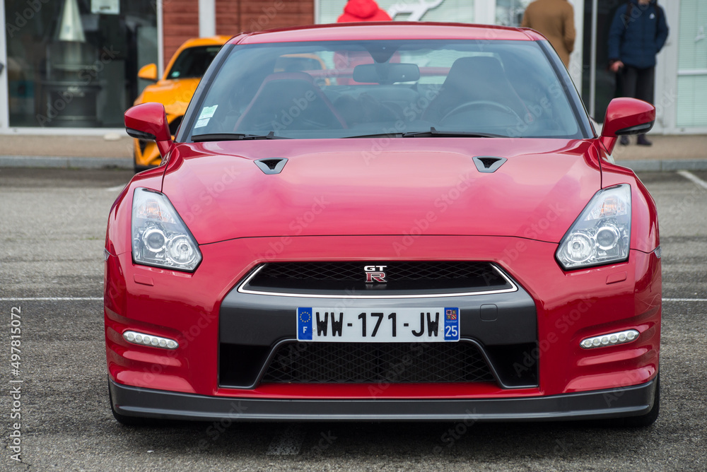 Lutterbach - France - 3 April 2022 - Front view of red Nissan gtr car ...