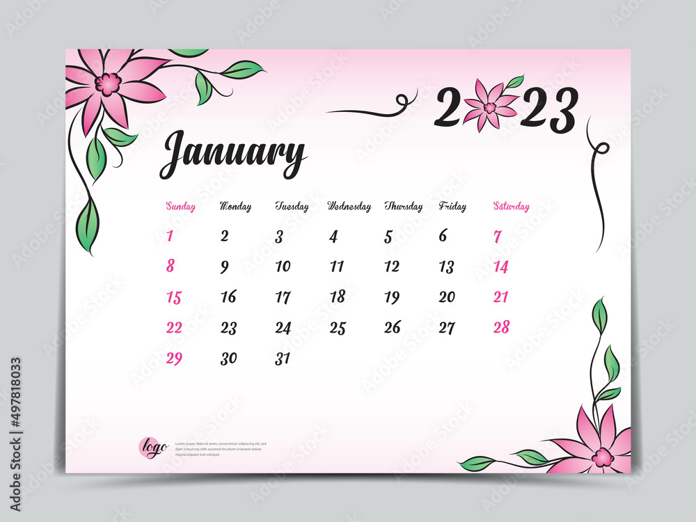 Calendar 2023 template on pink flowers background, January 2023 ...