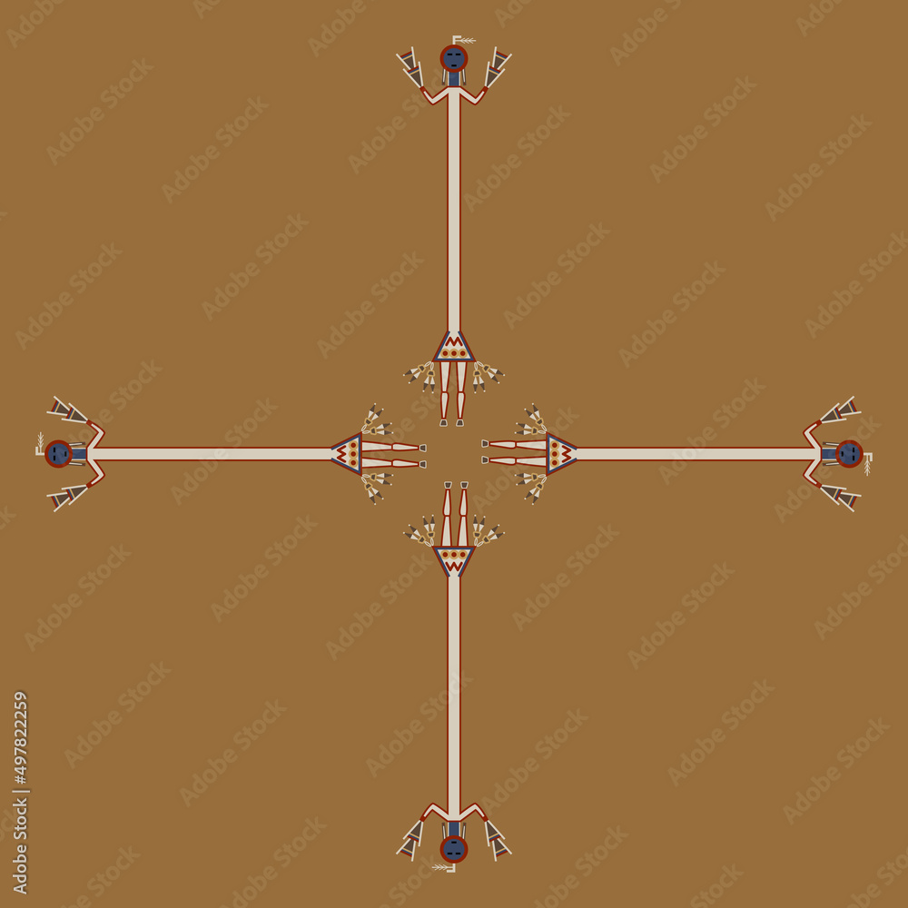 Square cross design with four stylized human figures. Native American ...