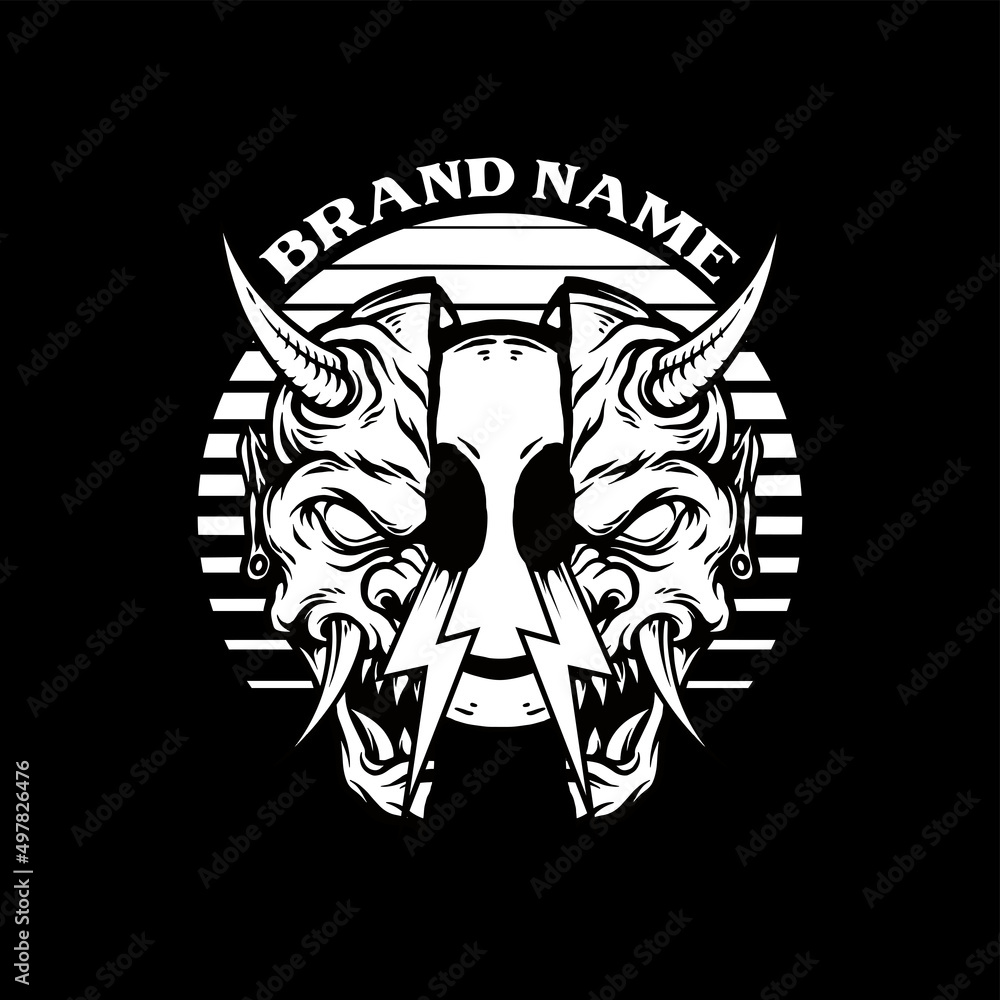 devil mask half illustration, back and white design. hand drawn style ...