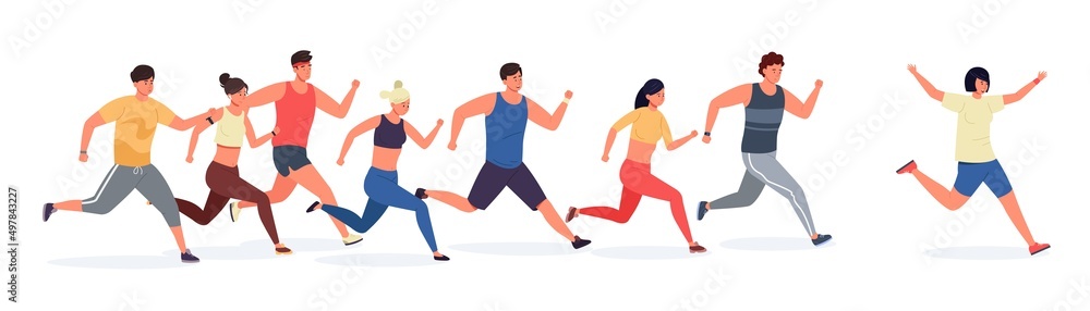 Cartoon runner. People in sport clothes running and jogging, sport ...