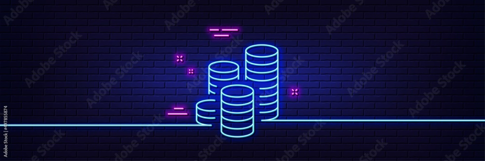 Neon light glow effect. Coins line icon. Cash money sign. Business ...