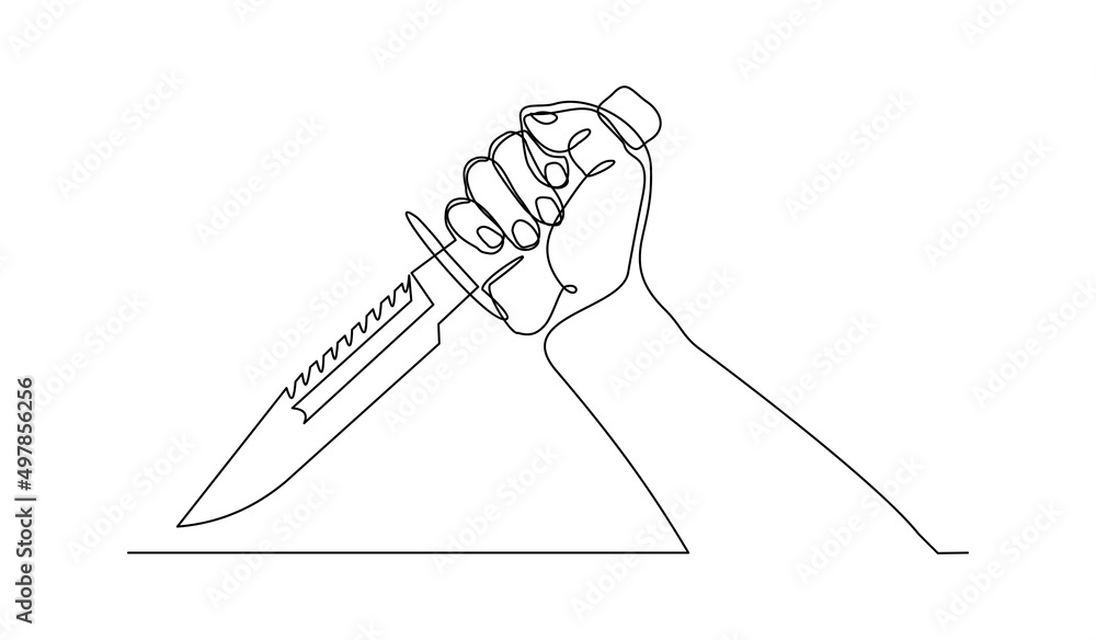 Continuous single one line drawing of hand holding knife tool weapon ...