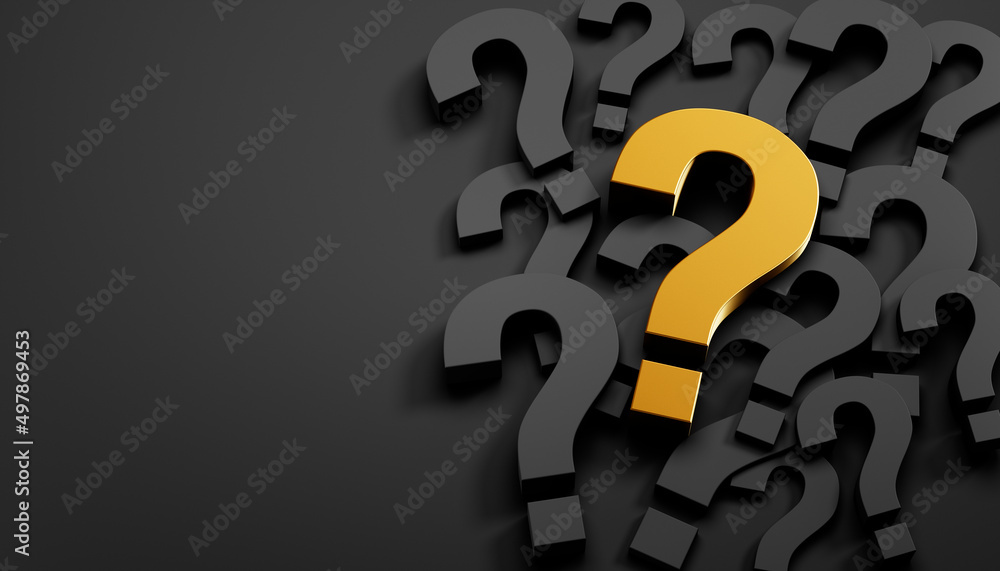 Pile of black and golden question mark symbols on dark background - 3D ...