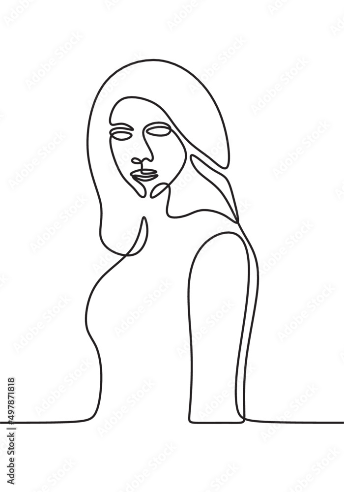 Beautiful Woman Face Continous Drawing Single Line Art Stock Vector
