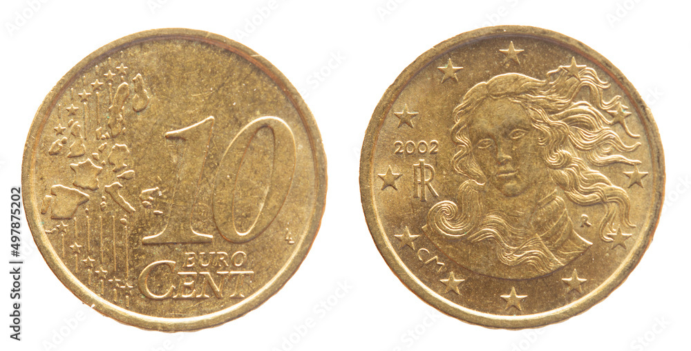 Italy - circa 2002: a 10 cent coin of Italy with the map of Europe and ...