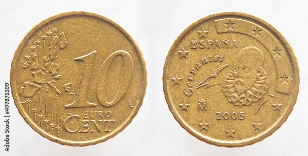 Spain - circa 2005: a 10 cent coin of Spain with the map of Europe and ...