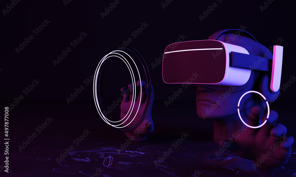 surrealistic scene of a abstract men figure with VR glasses in liquid ...