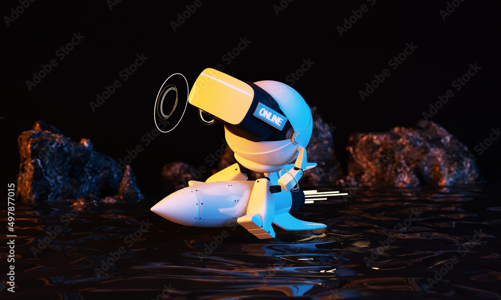 astronaut robot Riding a rocket in virtual world environments rock and ...
