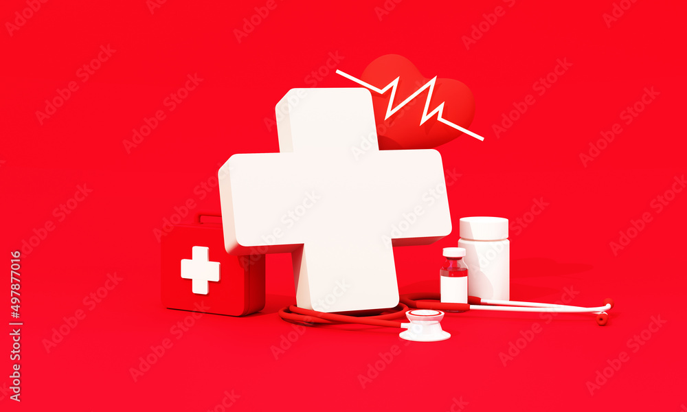 May 8th, World Red Cross symbol on red background and medical equipment ...