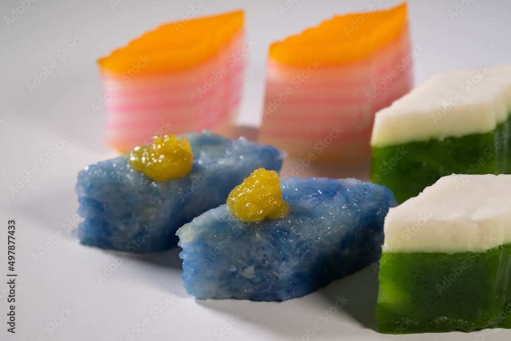 Nyonya delights dessert “Kaya Kuih” (Blue Glutinous Rice Cakes) , “Kuih ...