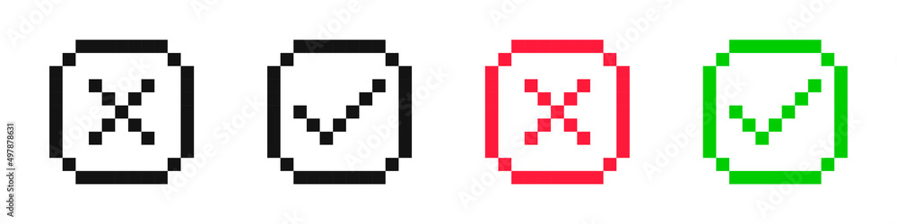 Pixel check mark and cross. Yes and no buttons. 8-bit Video game style ...