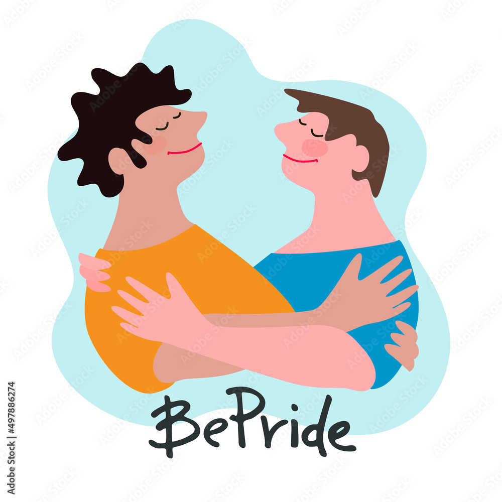 Be Pride logo with with rainbow lettering and two guys hugging. Slogan ...