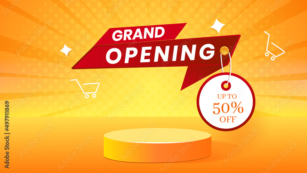 Grand opening yellow banner with gold ribbon, crown Stock Vector ...