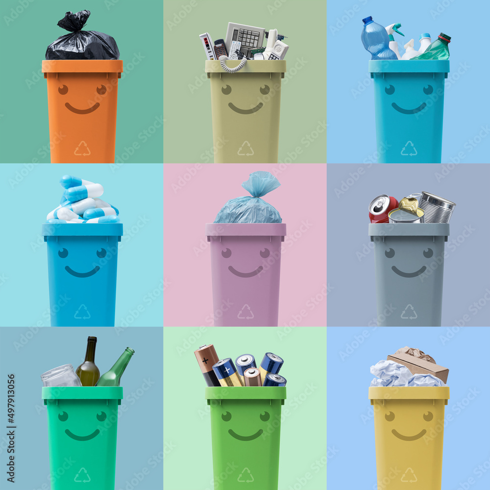 Cute smiling waste bins with different types of garbage Stock Photo ...