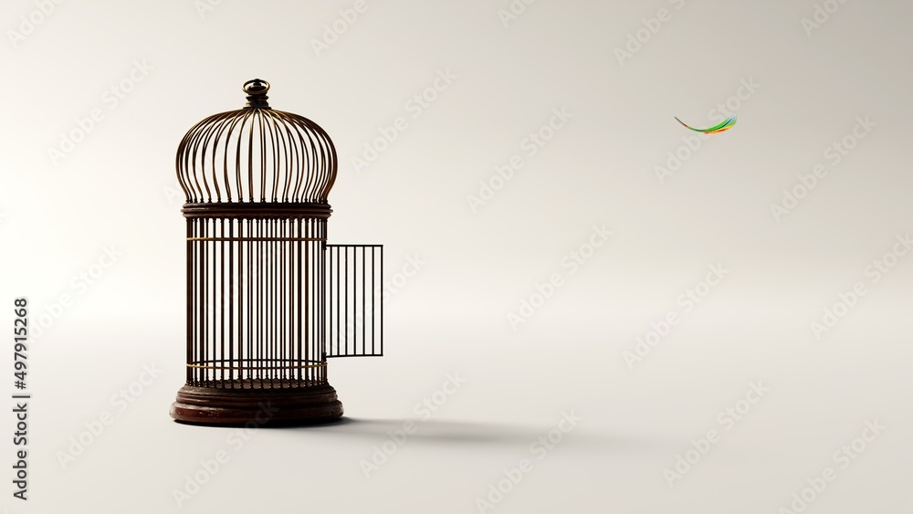 Escaping from the cage, freedom, a retro bird cage and a colorful ...