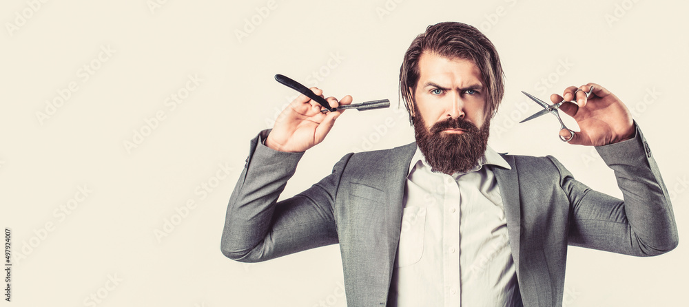 Barber scissors and straight razor, barber shop, suit. Vintage barber ...