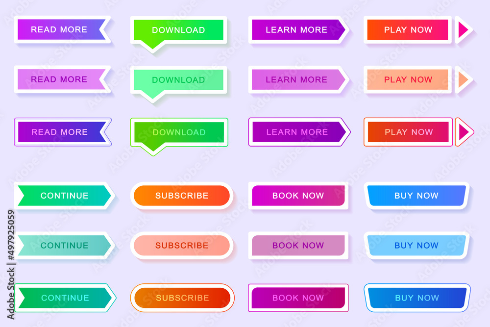 Buttons set, collection of colorful gradient buttons with white frame and shadow, isolated ...