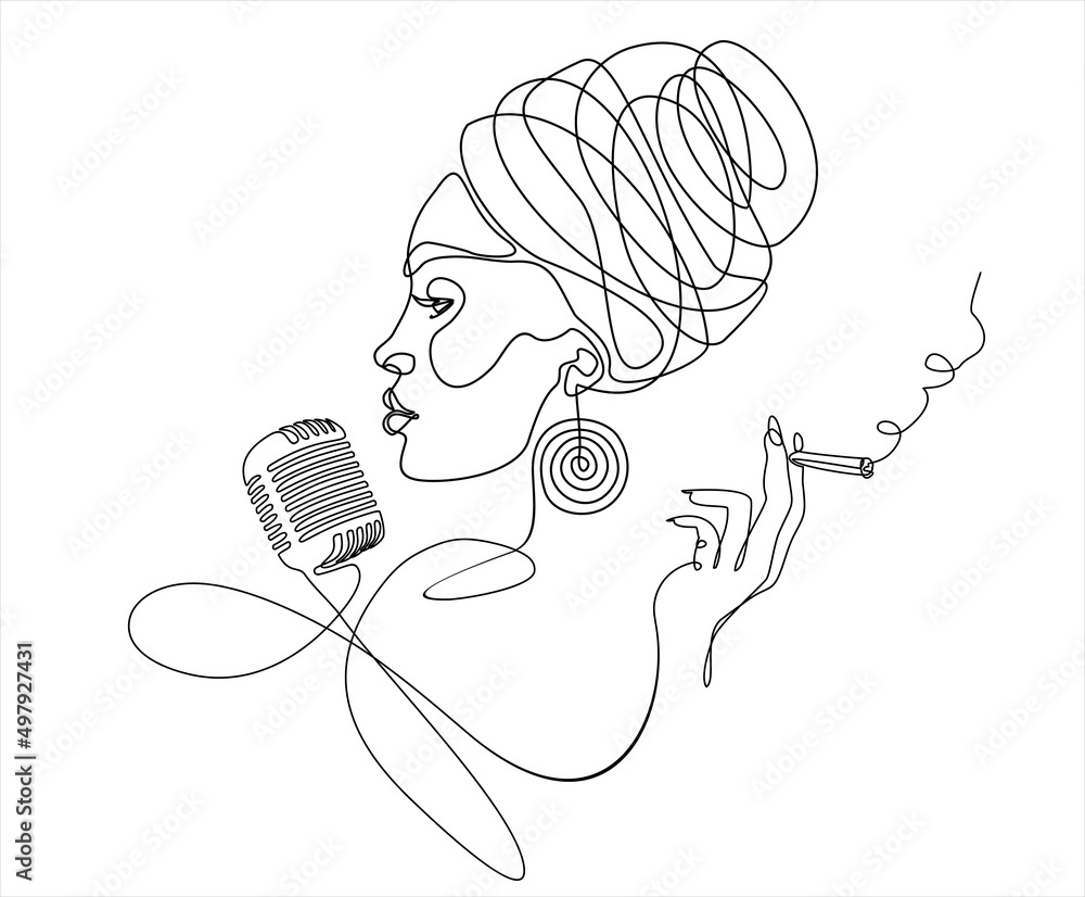Young African woman singing in a retro microphone and smoking ...