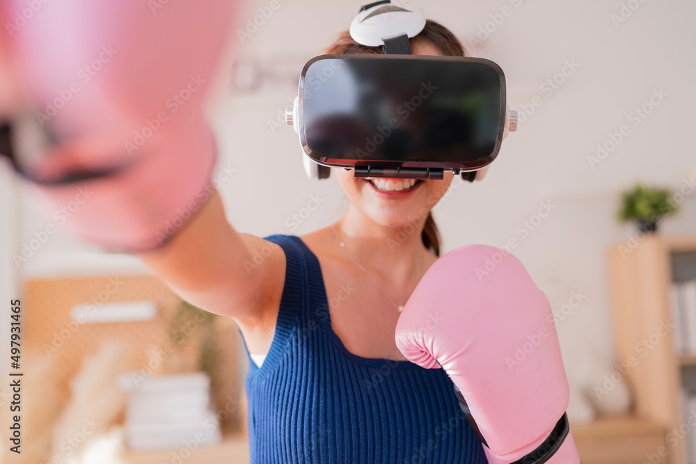 Virtual Metaverse Augmented Reality asian female adult working out ...