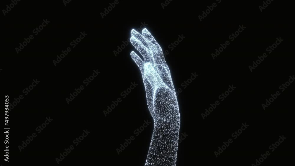 Silhouette human hand from particles reaching out to each other ...