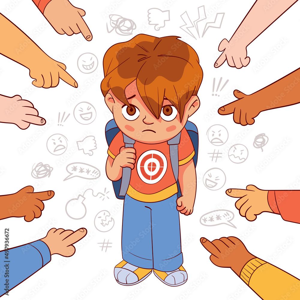 Bullying at school. Colorful cartoon characters. Funny vector illustration. Isolated on white ...
