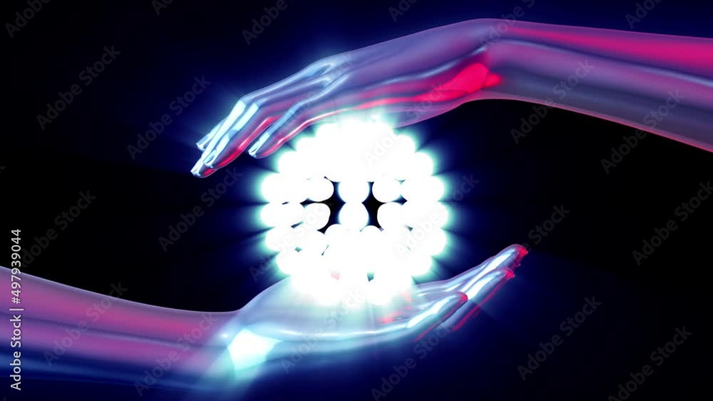 Two chrome metal human hands holding floating glowing sphere of ...
