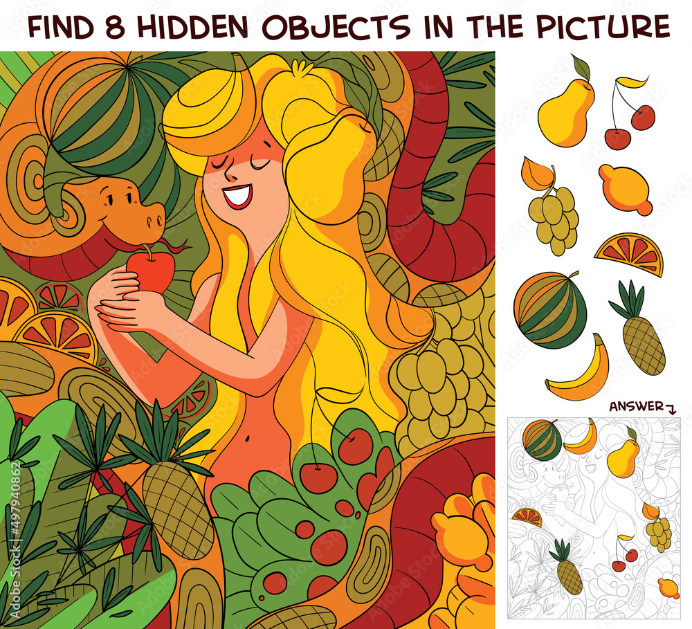 Eve, apple and snake. Find 8 hidden objects in the picture. Puzzle ...